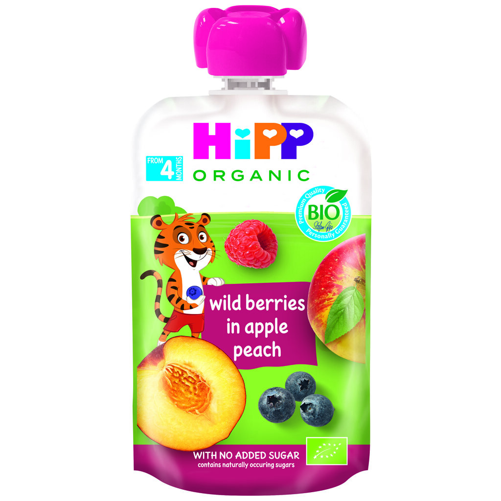 HiPP HiPPiS BIO Jablko, broskev, lesní ovoce 100 g, 4m+ | feedo.cz