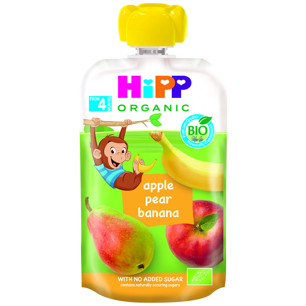 HiPP HiPPiS BIO Jablko, hruška, banán 100 g, 4m+ | feedo.sk