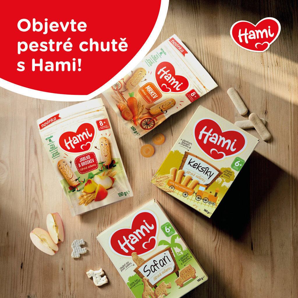 6x HAMI Sušenky dětské jablko a broskev 150g, od uk. 8. měsíce | feedo.cz