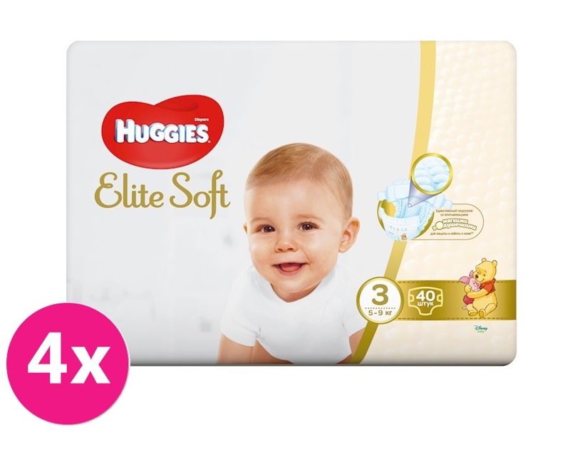 4x HUGGIES Elite Soft Pleny jednorázové 3 (5-9 kg) 40 ks | feedo.cz