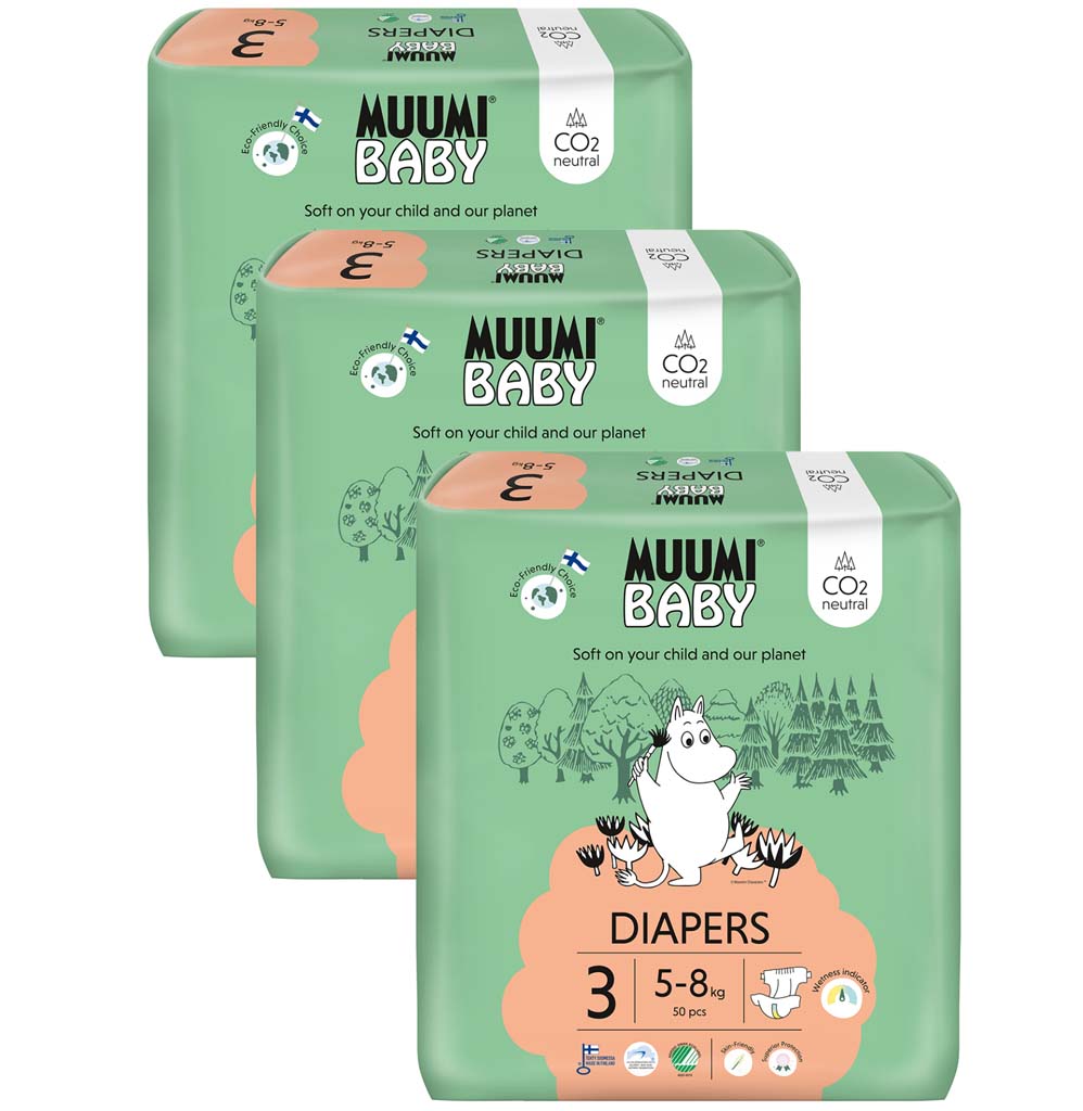 MUUMI Baby 3 Midi 5-8 kg (150 ks), mesačné balenie eko plienok | feedo.sk